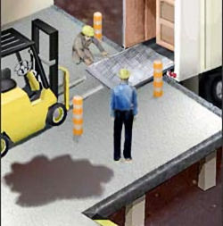 Workers placing dockboard or plate on loading dock